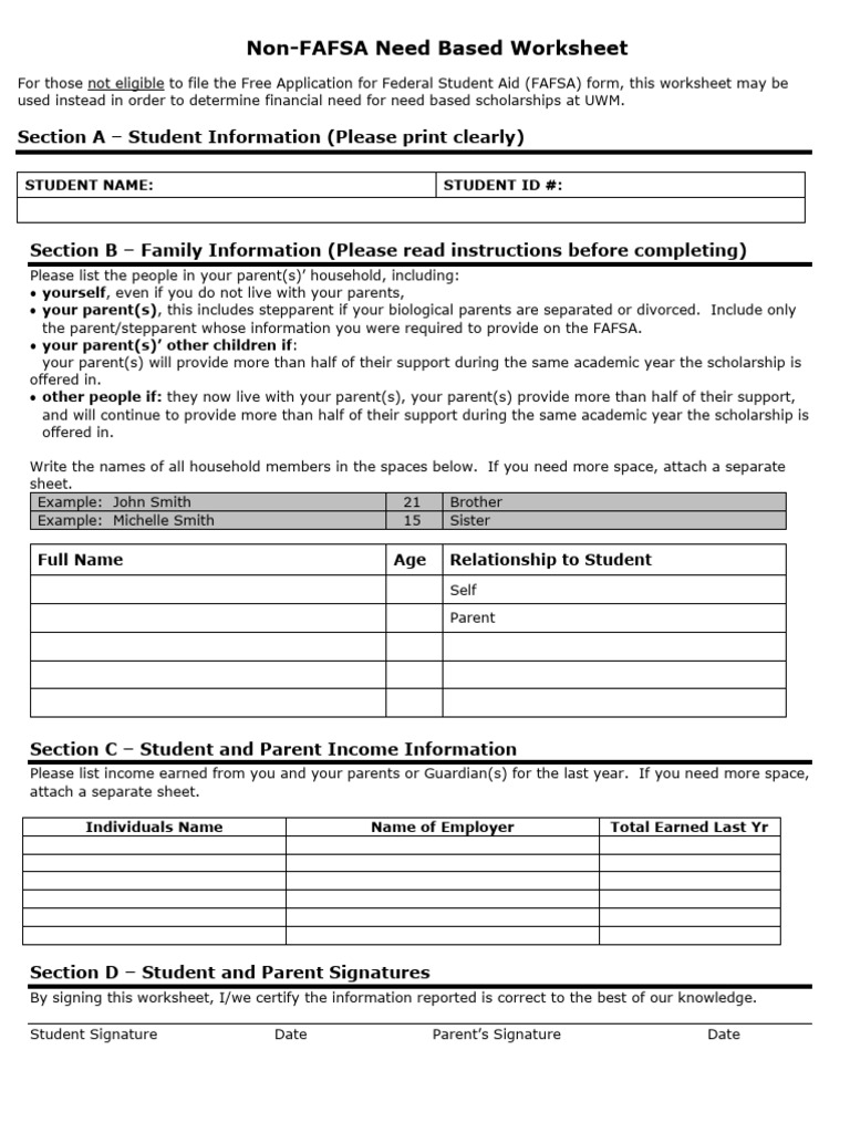 NEED Worksheet For Non-FAFSA Filers | PDF