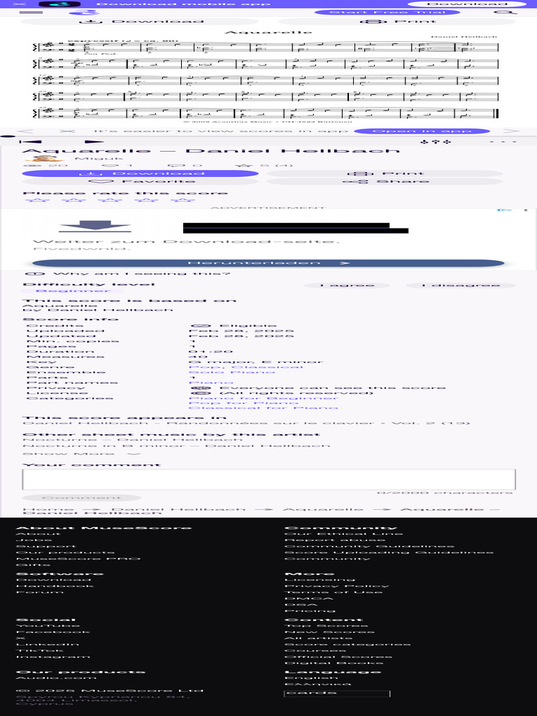 Aquarelle - Daniel Hellbach Sheet Music For Piano (Solo) Easy | PDF | Mass Media | Computing