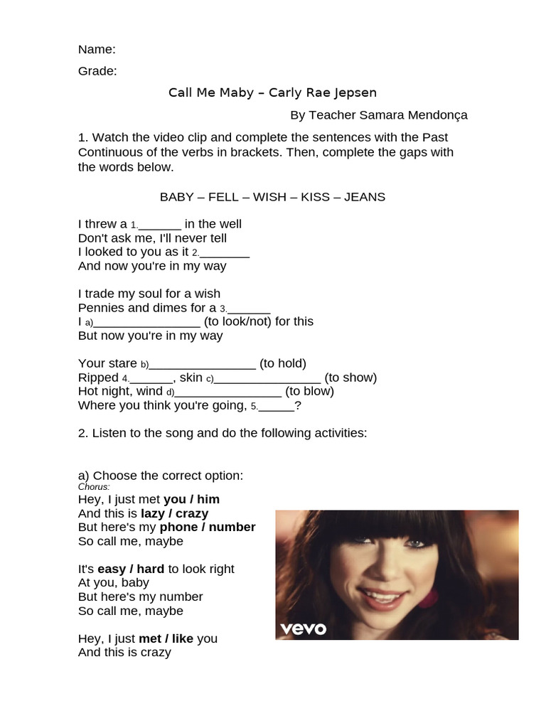 Atividade Musica Callmemaybe Past Continuous | PDF
