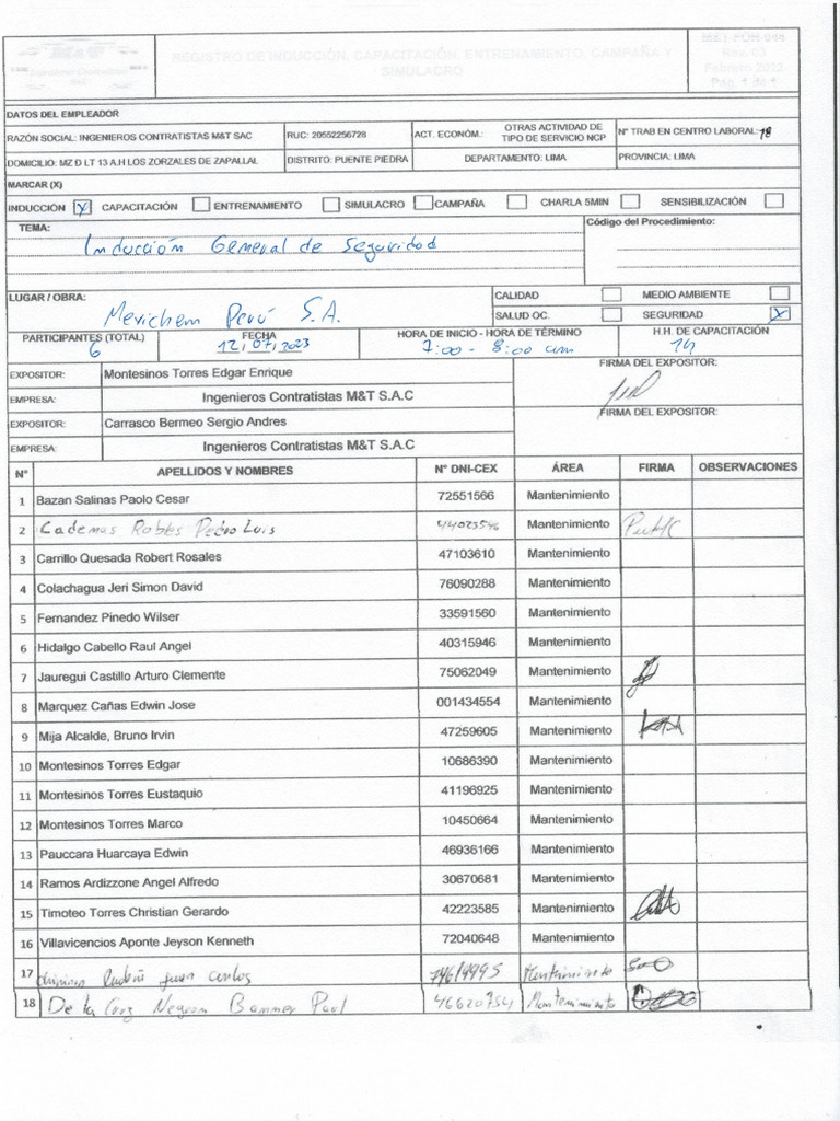 Inducción de Seguridad - Fabricación e Instalación de Plataforma en 2do Piso Mezclas | PDF