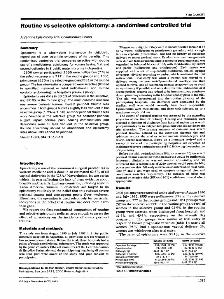 Routine vs Selective Episiotomy Study | PDF | Childbirth | Medical ...