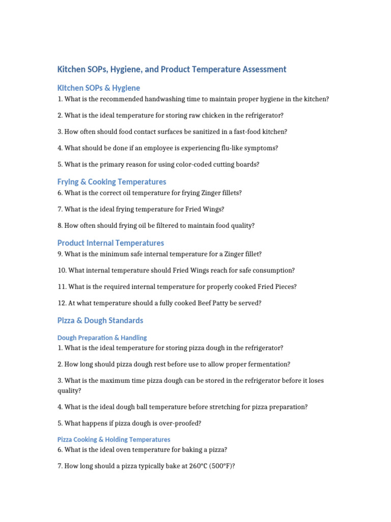 Kitchen SOPs Assessment | PDF