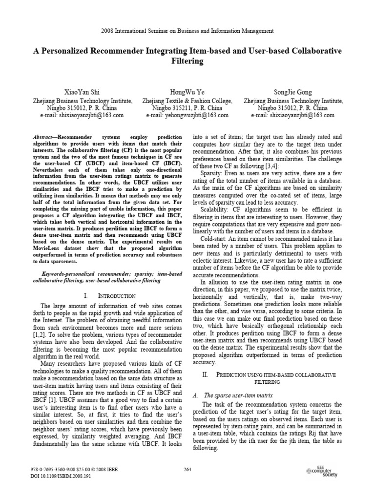 A Personalized Recommender Integrating Item-Based and User-Based Collaborative Filtering | PDF ...