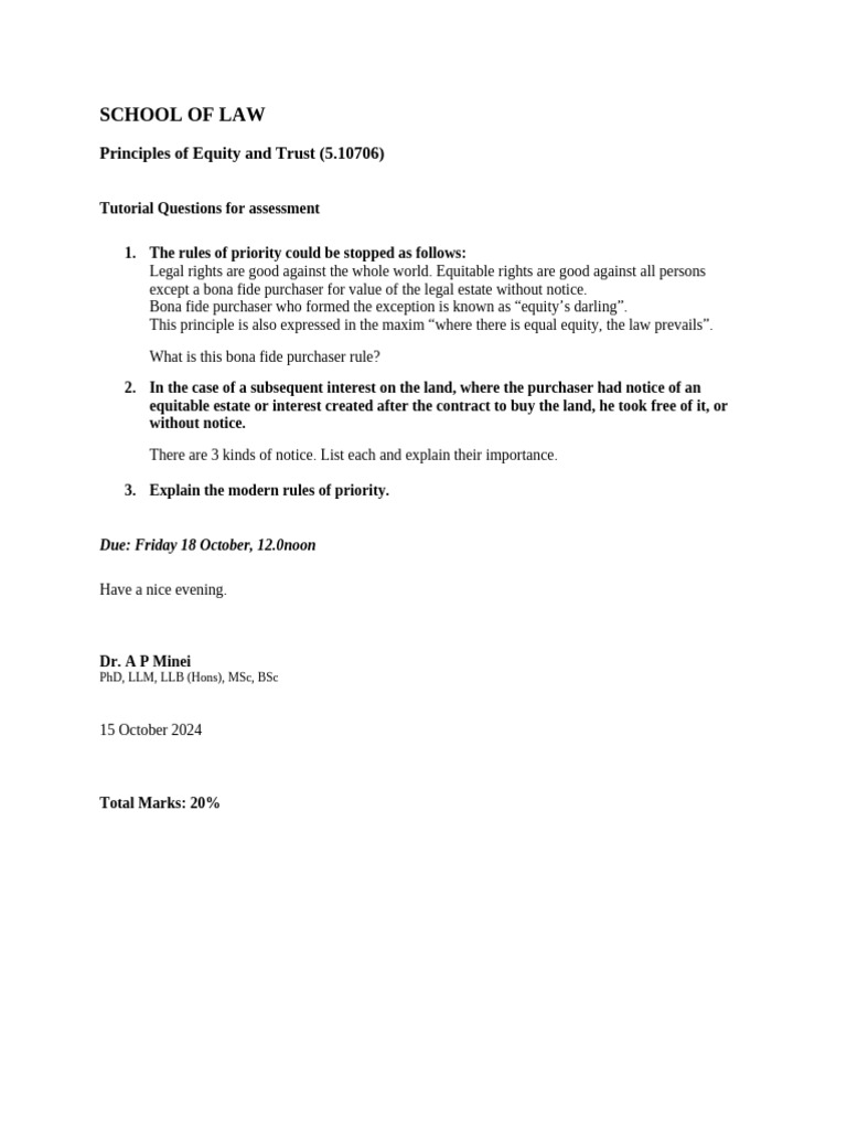 Equity & Trust Tutorial Assignment and Class Test | PDF | Equity (Law ...