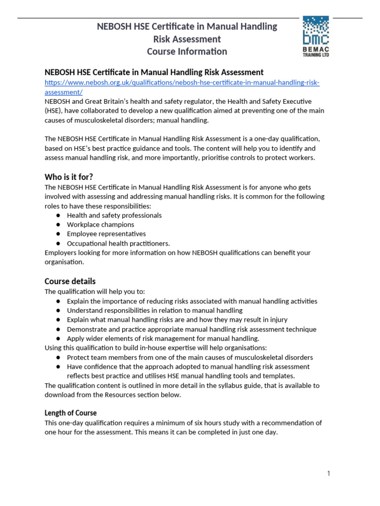 NEBOSH HSE Certificate in Manual Handling Risk Assessment | PDF | Occupational Safety And Health ...