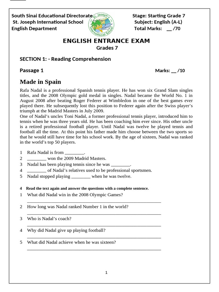 Grade 7 English Entrance Exam Guide | PDF | Roger Federer