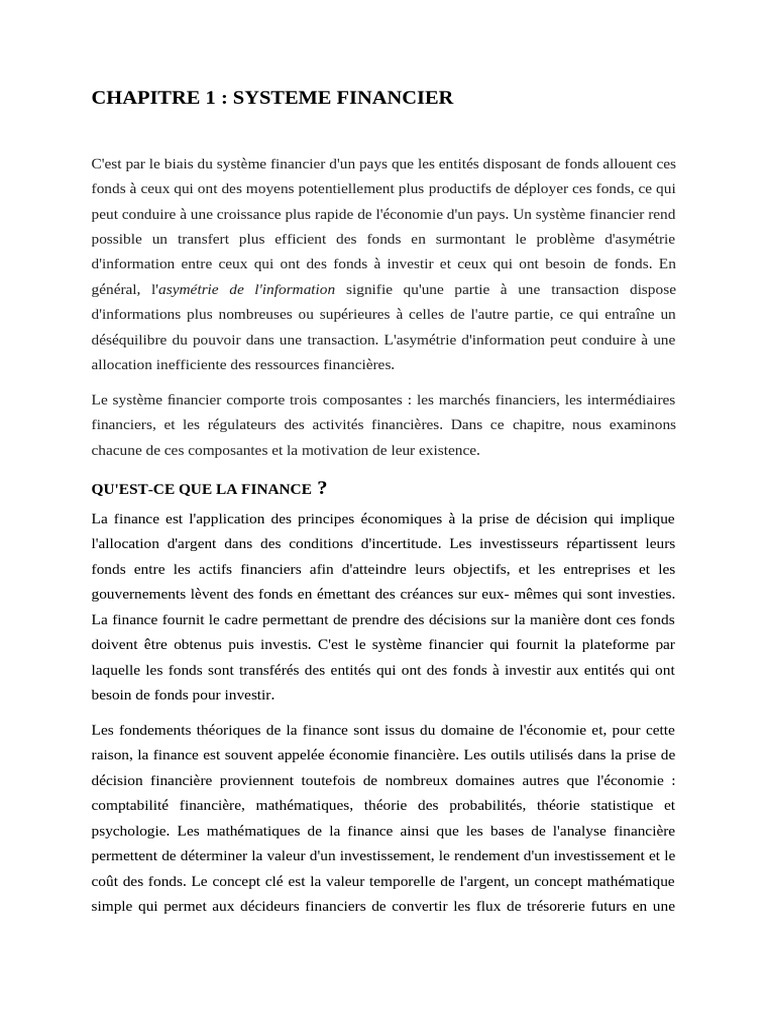 Chapitre 1 Du Cours - LE SYSTEME FINANCIER-1 | PDF | Banques ...