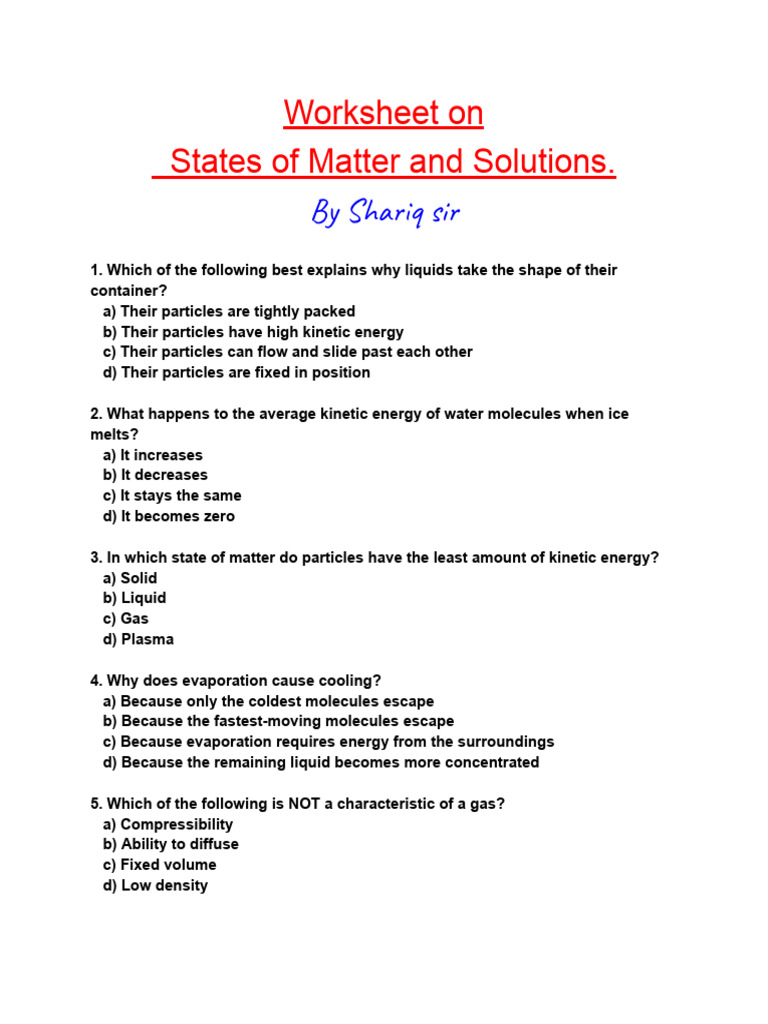 States of Matter & Solutions Worksheet | PDF | Gases | Evaporation