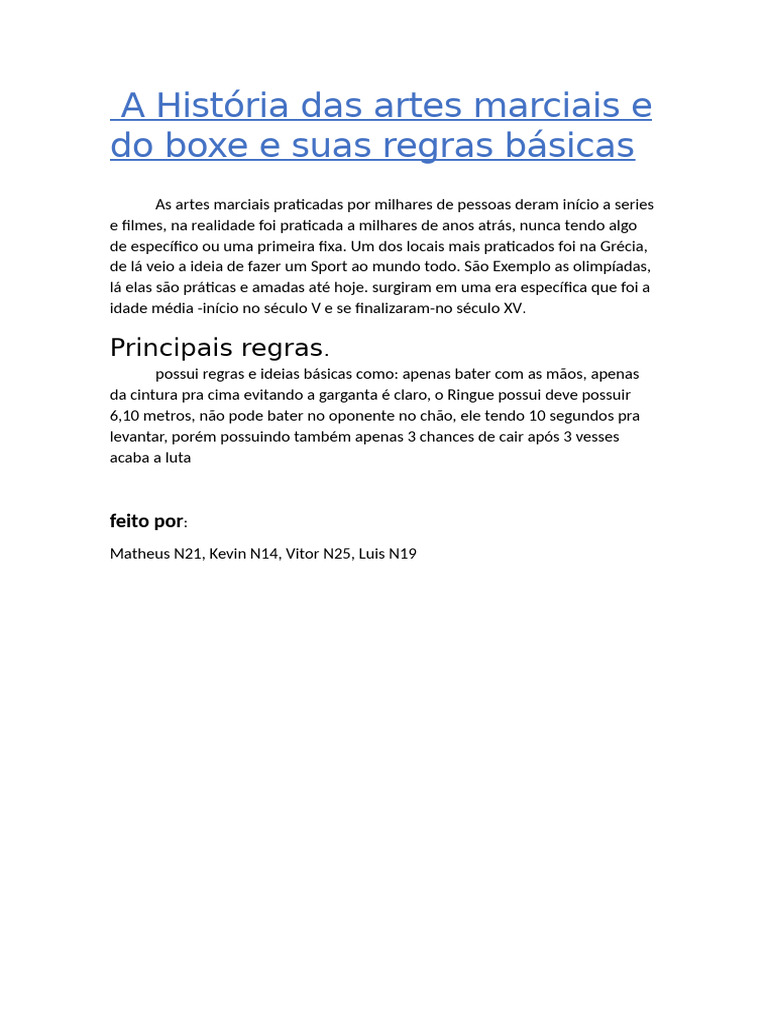 A História Das Artes Marciais e Do Boxe e Suas Regras Básicas | PDF