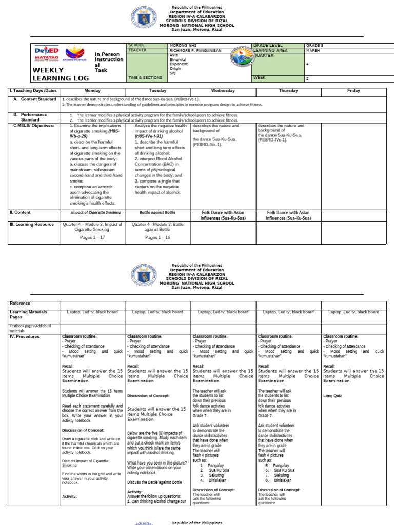 WLP-MAPEH - PANGANIBAN Week 2 Feb 24-28 | PDF | Multiple Choice | Learning