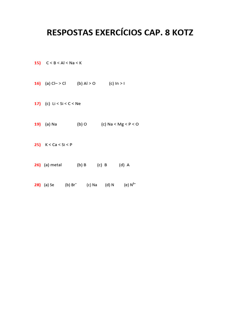 KOTZ 1 - Química Geral - Respostas-exercícios-cap8 | PDF