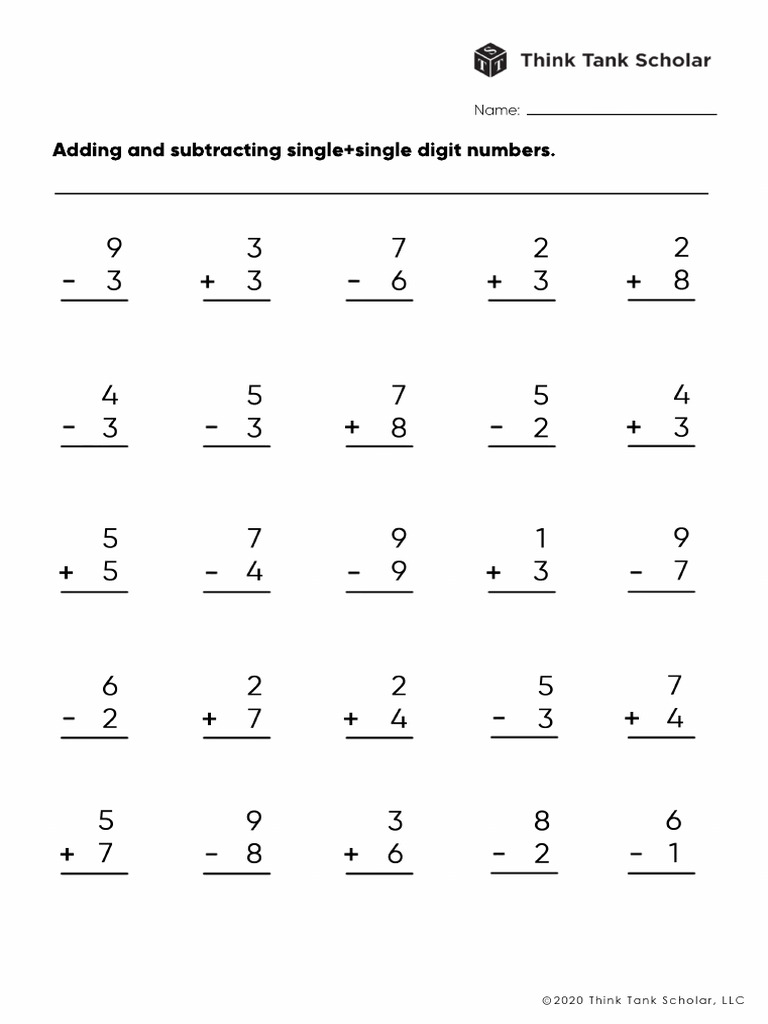 Free Math Worksheets Subtraction and Addition Single Digit For 1st ...