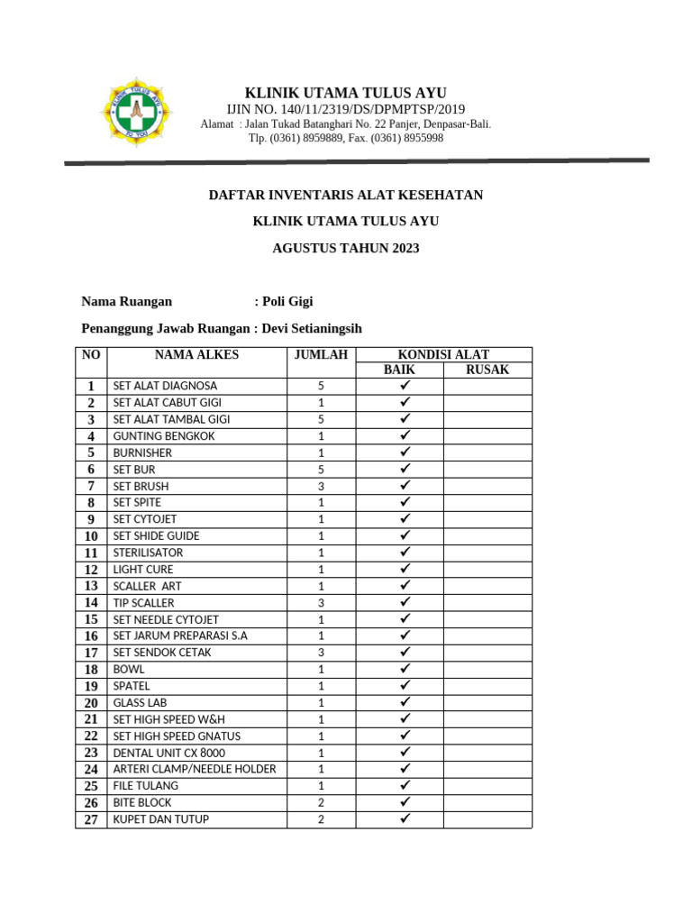 form inventaris alkes poli gigi 2023 | PDF
