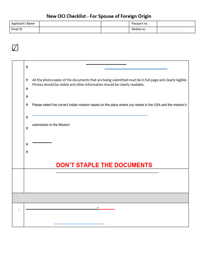 oci-checklist-foreign-spouse (1) | PDF | Government And Personhood