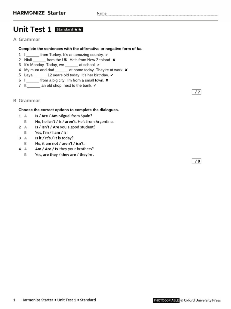 Harmonize - Starter - Unit 1 Test - Standard | PDF | Grammar | Linguistics