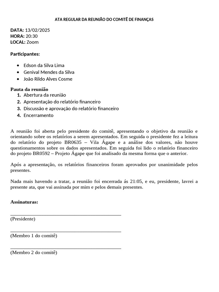 Modelo de Ata - Relatório | PDF