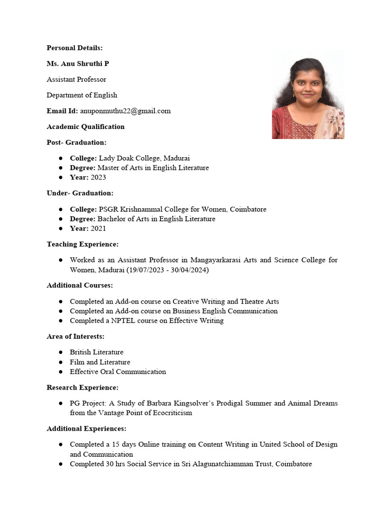 Anu Shruthi Profile | PDF