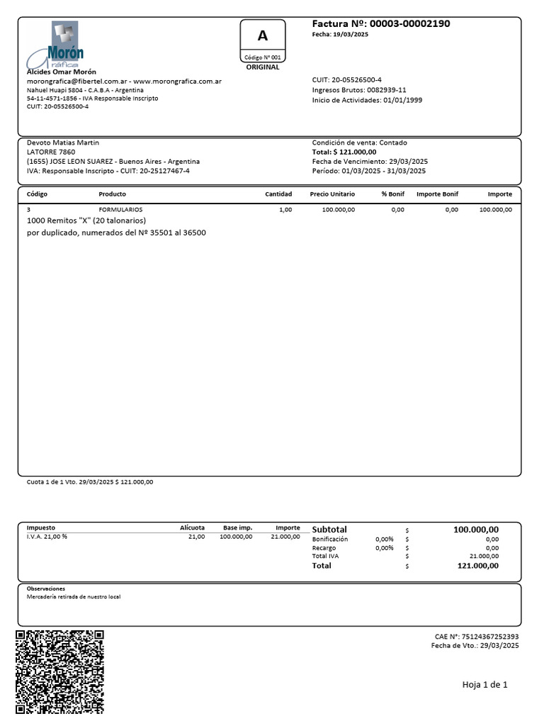 Factura de Venta A 00003-00002190 - Devoto | PDF | Impuestos | Pagos