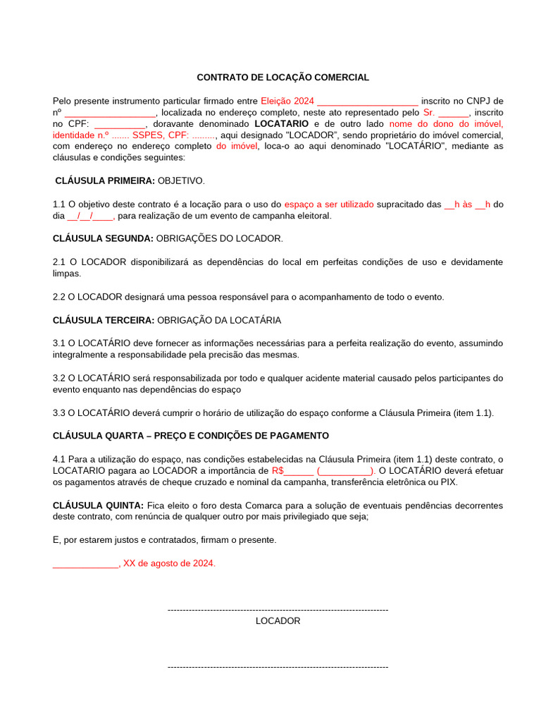 Contrato de Locação Comercial para Eventos | PDF