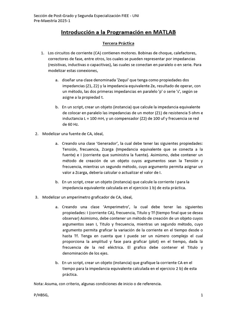Tercera Practica Matlab PM2025 | PDF | Impedancia eléctrica | Corriente eléctrica