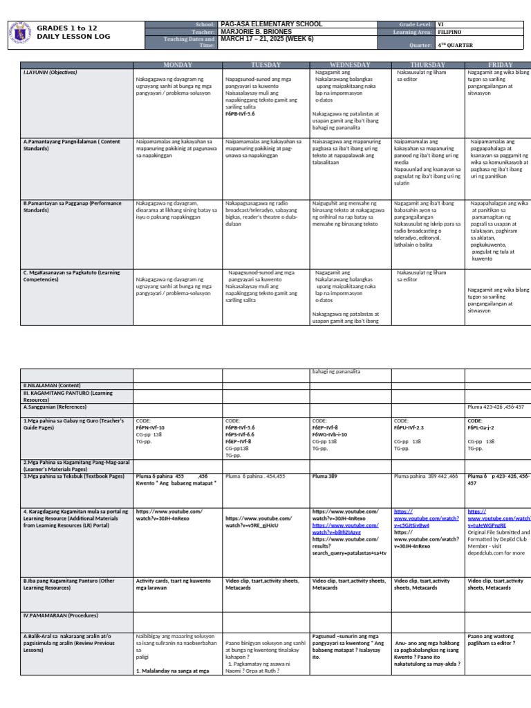 DLL_FILIPINO 6_Q4_W6 | PDF