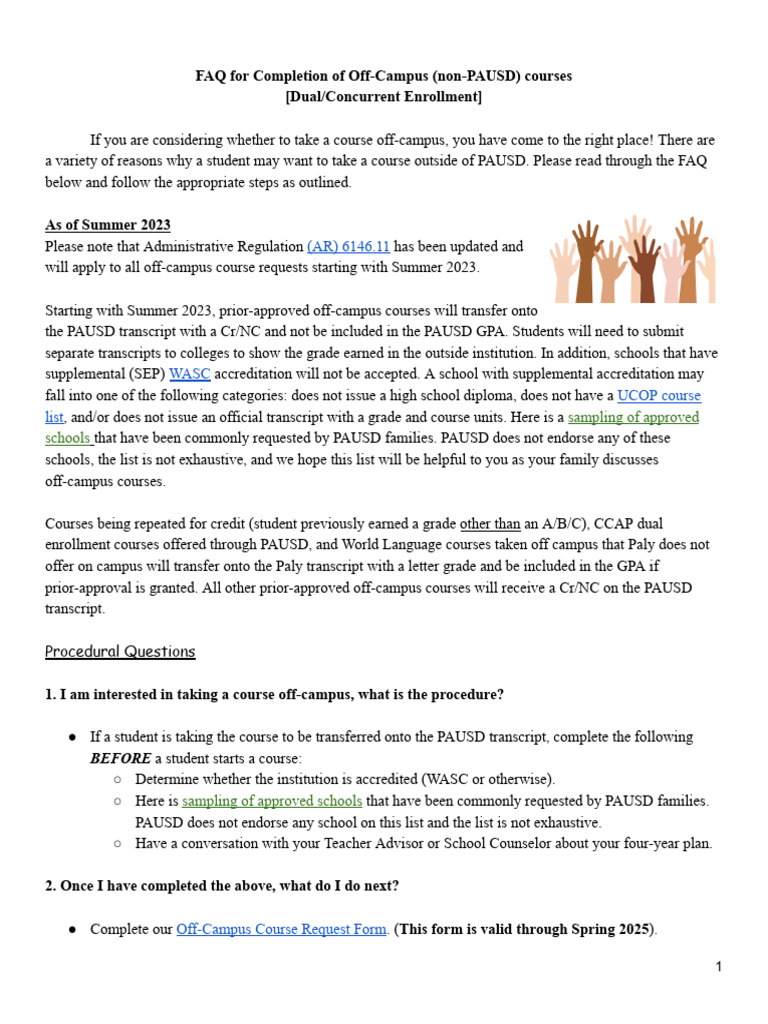 FAQ Off-Campus (Non PAUSD) Courses - PALY | PDF | Educational Stages