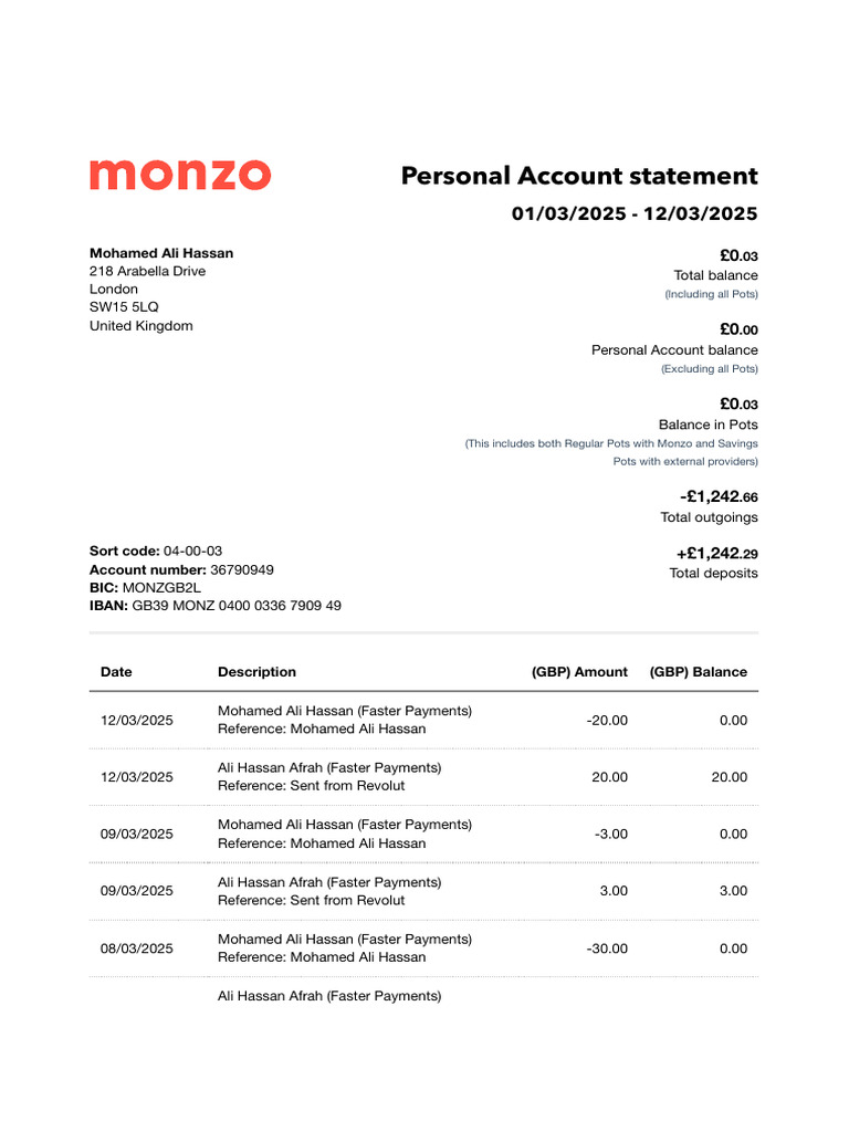 Monzo_bank_statement_2025-03-01-2025-03-12_2309 | PDF | Banking ...