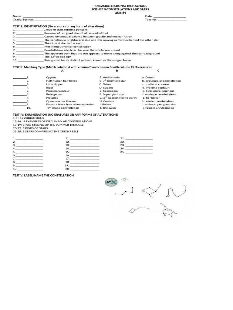 Constellation and Star Quiz Test | PDF | Constellation | Stars
