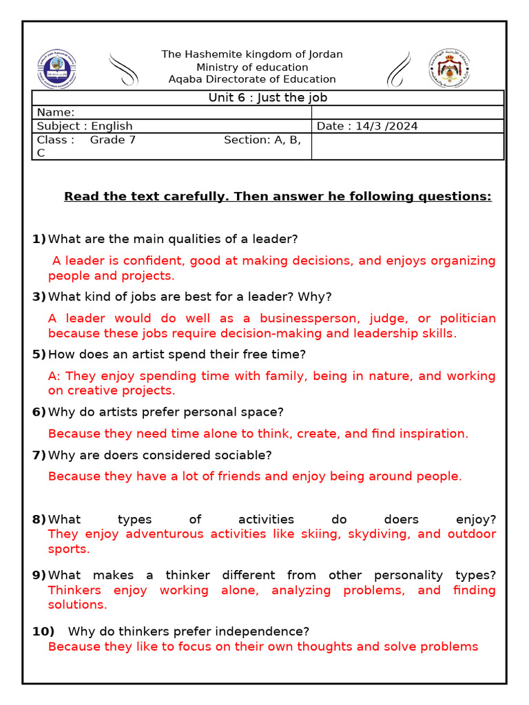 Grade 7 English Unit 6: Leadership Skills | PDF | Leadership