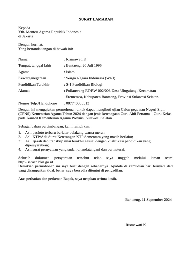 Surat Lamaran Dan Pernyataan Kemenag CPNS 2024 | PDF