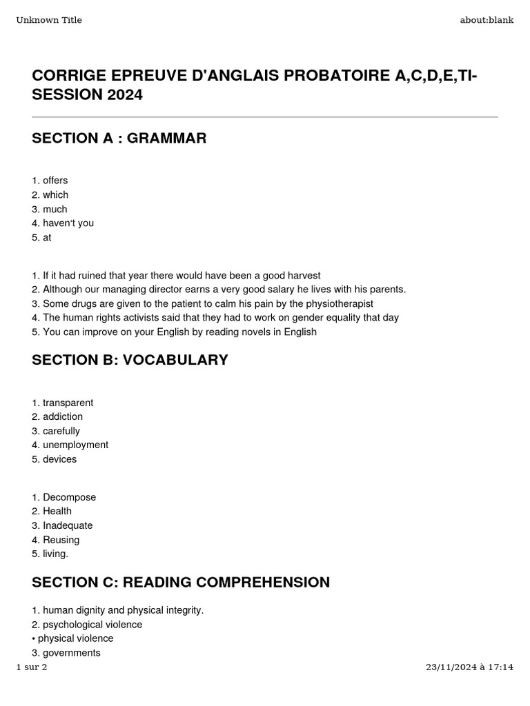 Probatoire 2024 Corrige de L'epreuve D'anglais Serie A-C-D-E-Ti Cameroun | PDF | Human Communication
