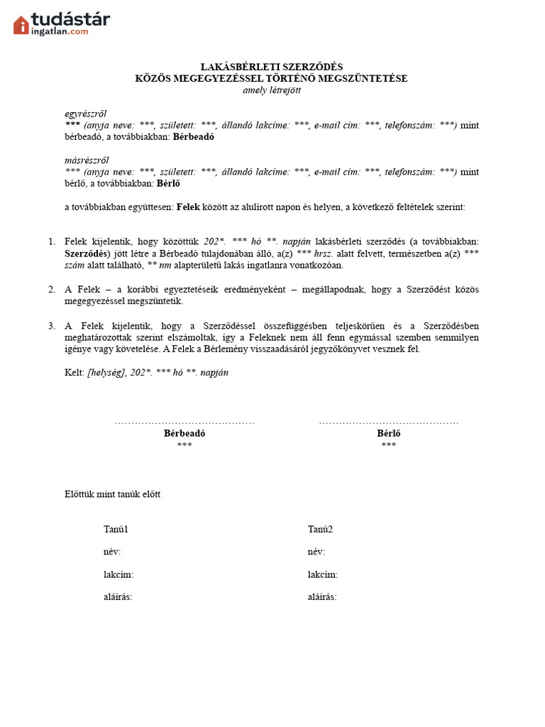 Berleti Szerzodes Megszuntetese Kozos Megegyezessel | PDF