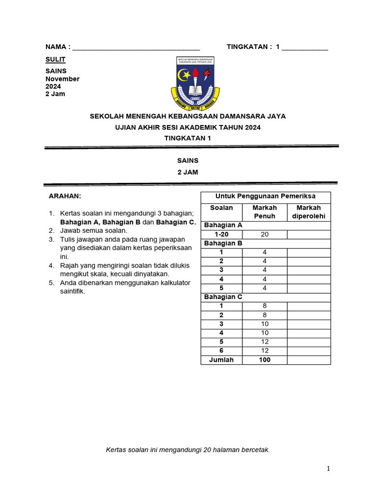 UASA Science Form 1 2024 Latest | PDF