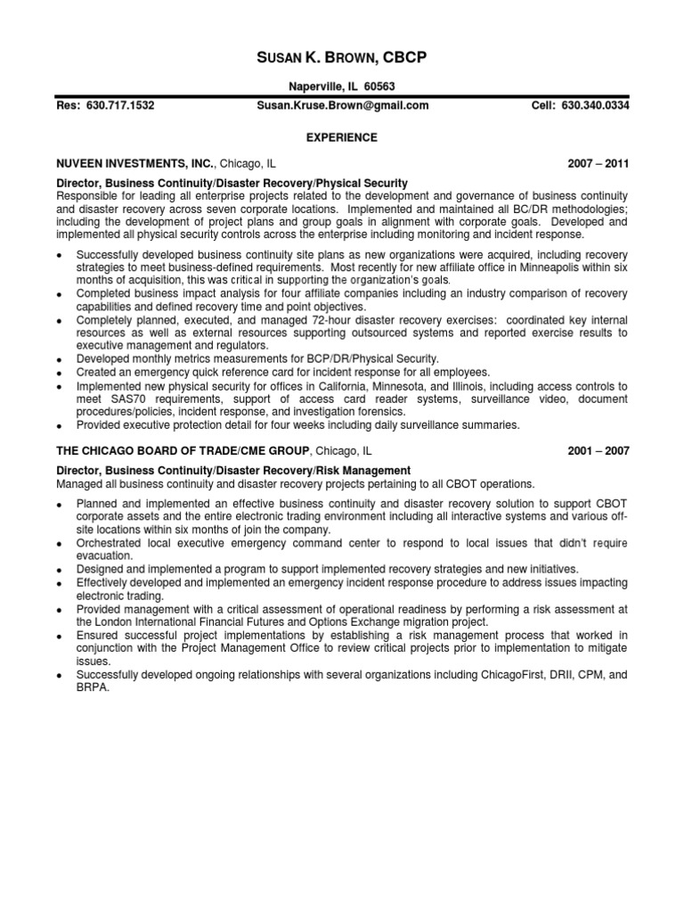 Director VP Business Continuity Disaster Recovery in Chicago IL Resume ...