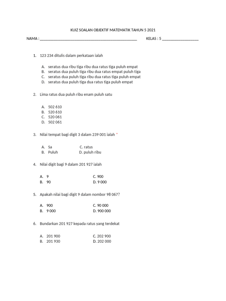 Soalan Objektif Matematik Tahun 5 | PDF