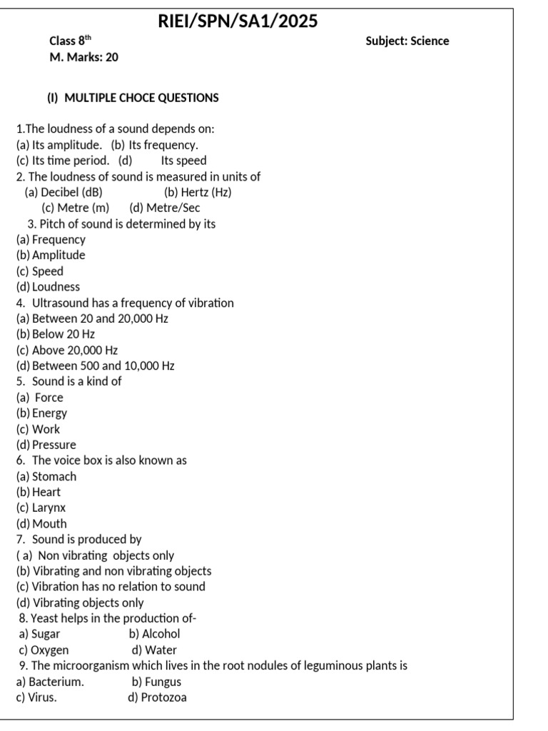 8th Class Science SA1 Question Paper 2025 | PDF