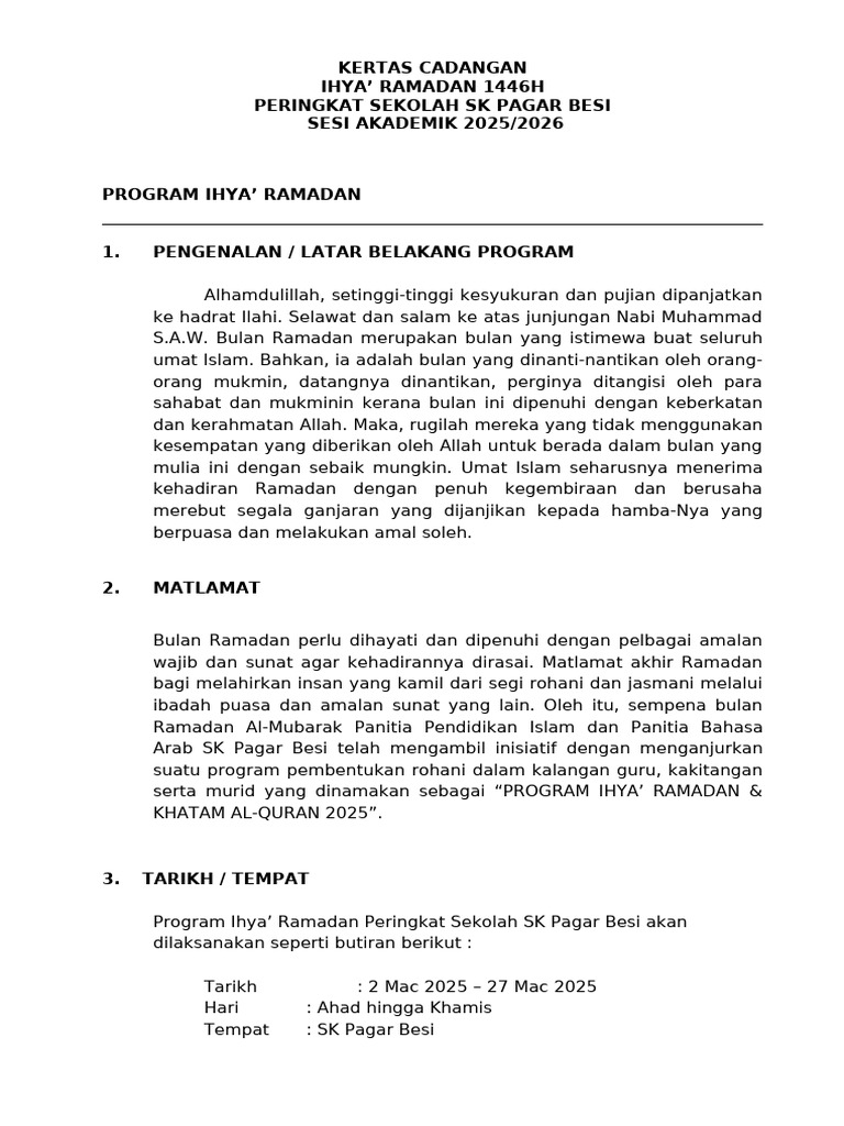 Program Ihya' Ramadan 2025 SK Pagar Besi | PDF