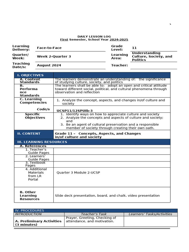 Grade 11 Lesson Plan: Culture & Society | PDF | Procedural Knowledge ...