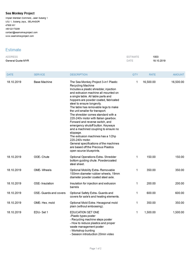Sea Monkey Project Machine Estimate | PDF | Materials | Secondary ...