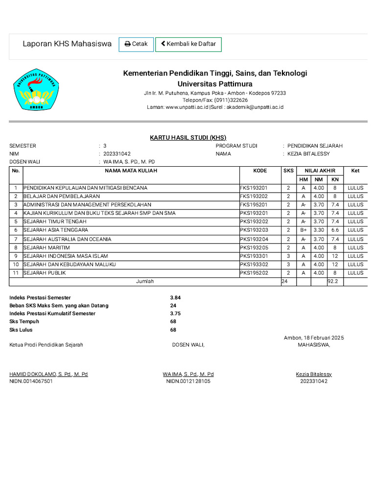 Laporan KHS Mahasiswa | PDF