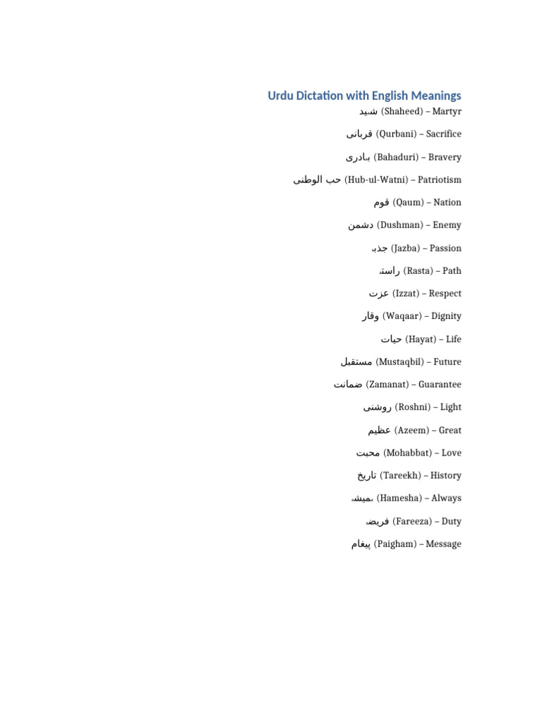 Urdu Dictation With English Meanings | PDF