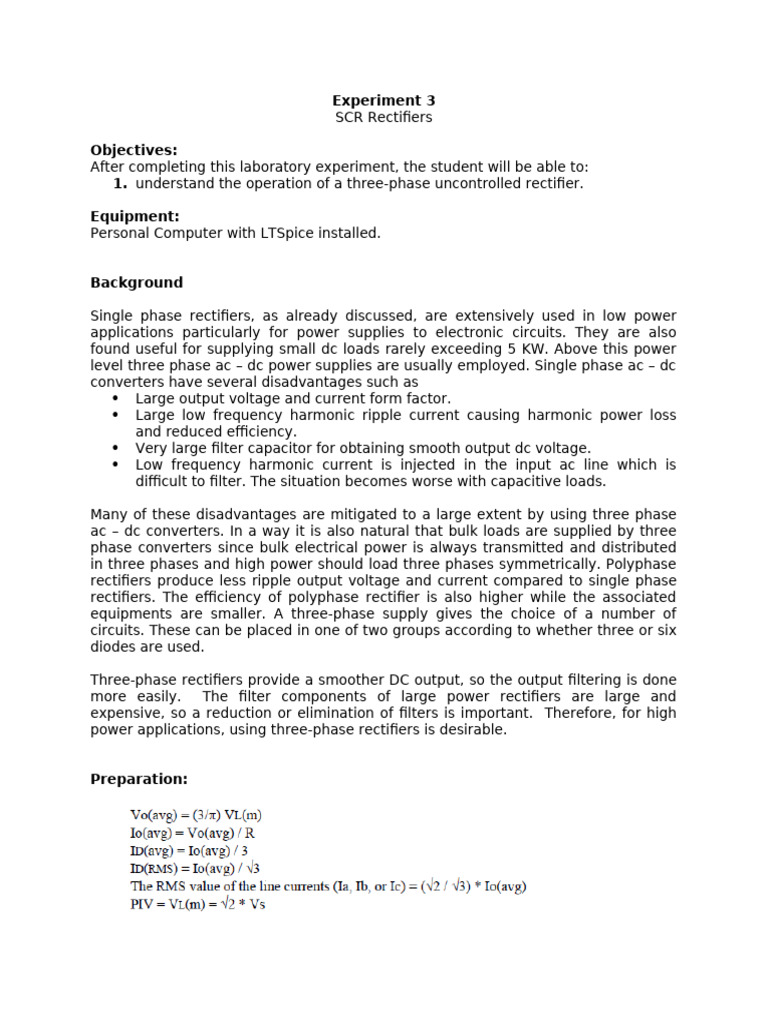 Three Phase Uncontrolled Rectifier Lab Pdf Rectifier Power Supply