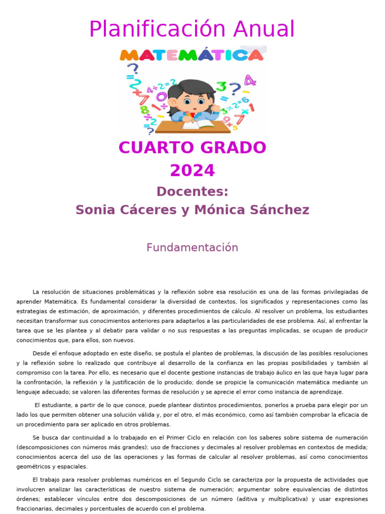 Planificación Anual Matemática 4° Grado 2024 | PDF | División ...