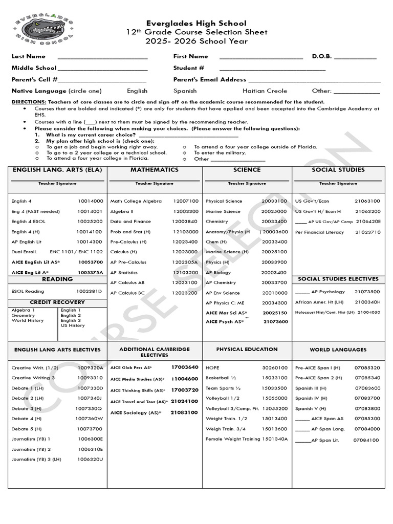 12th Grade Course Selection Sheet EHS | PDF