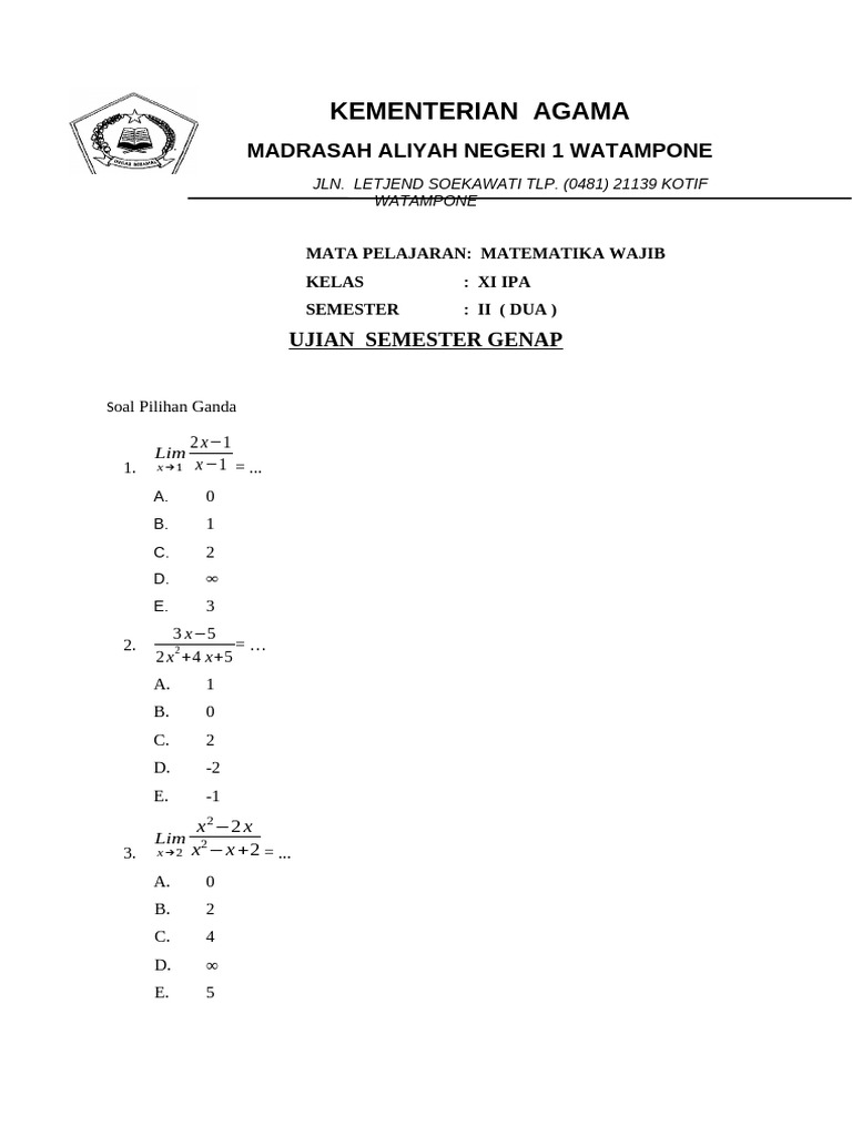 soal ulagan semester genap matematika wajib 2022 | PDF