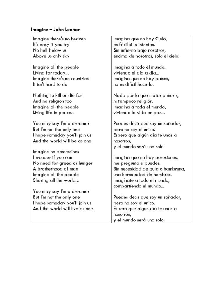 Letra de "Imagine" de John Lennon | PDF