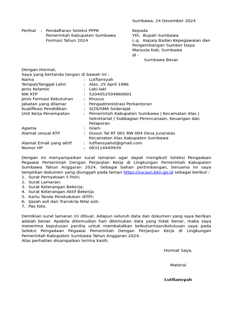 Contoh Surat Lamaran PPPK | PDF