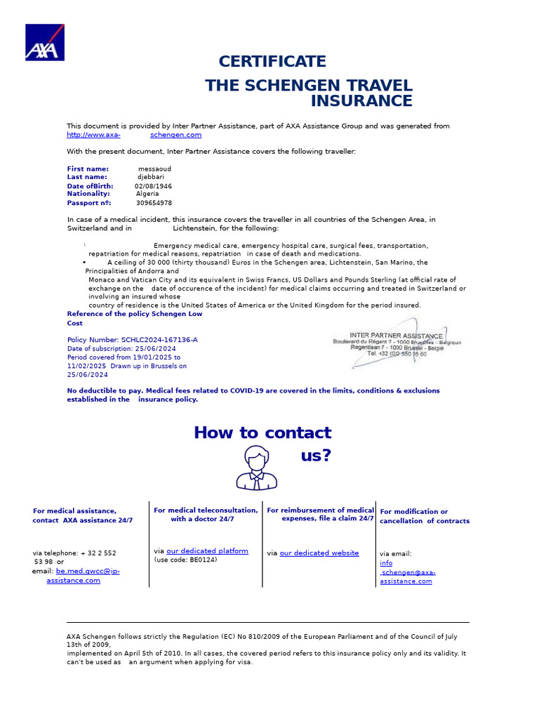 Certificate The Schengen Travel Insurance: How To Contact Us? | PDF