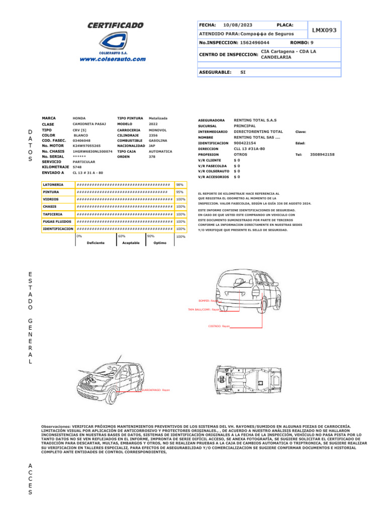 Informe de Inspección Vehicular Honda CR-V | PDF | Tecnología de ...