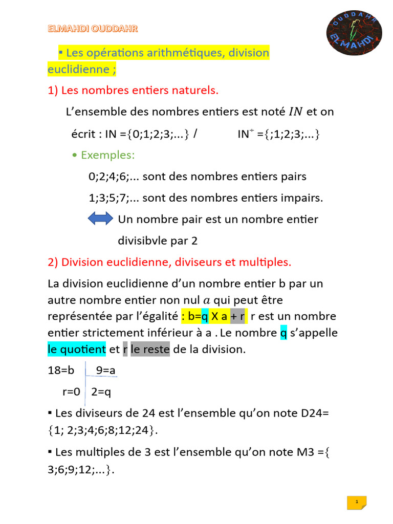 Opérations sur les Nombres Entiers et Divisions | PDF
